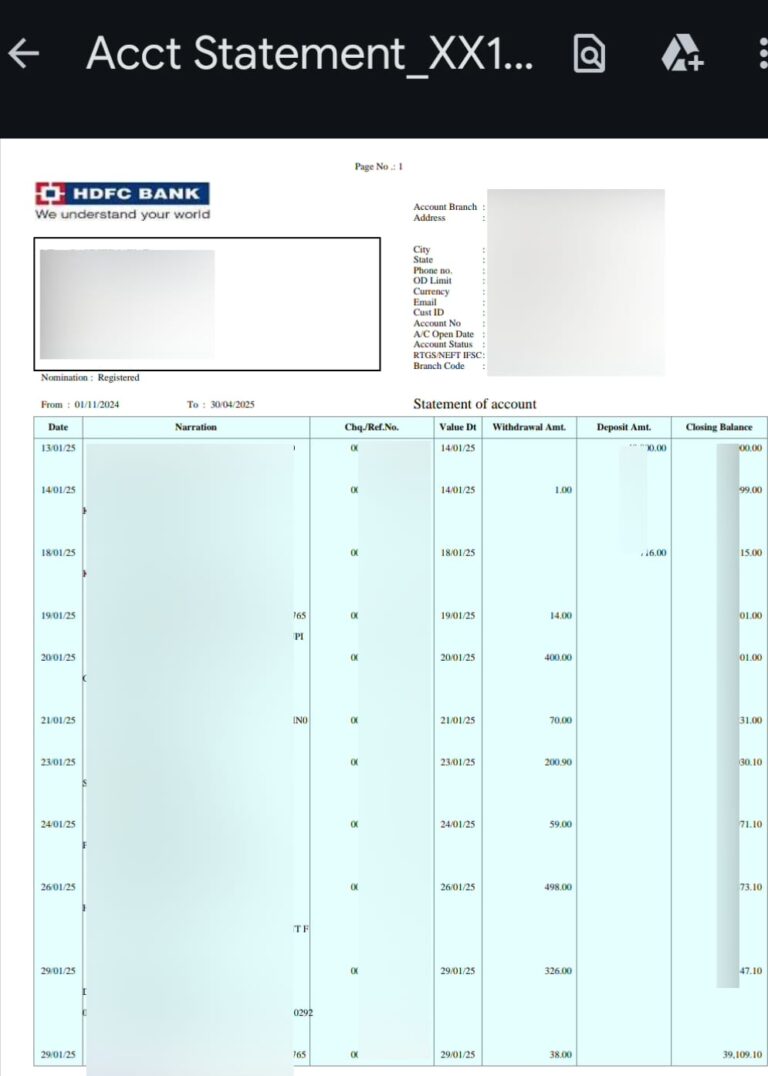 HDFC Bank Account Statement Download - एचडीएफसी बैंक स्टेटमेंट पीडीएफ़ ...